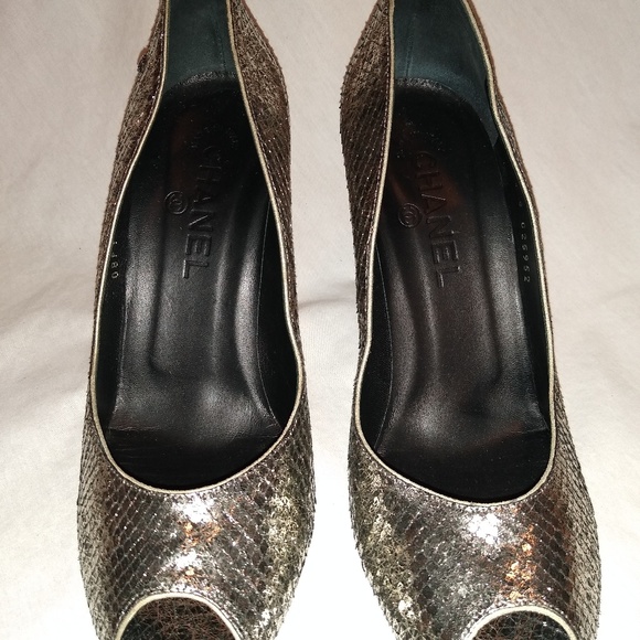 CHANEL | Shoes | Chanel Silver Python Peep Toe Heels | Poshmark